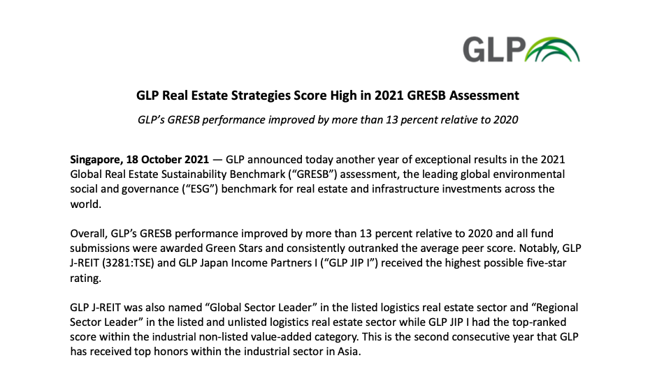 GLP Real Estate Strategies Score High in 2021 GRESB Assessment | GLP ...