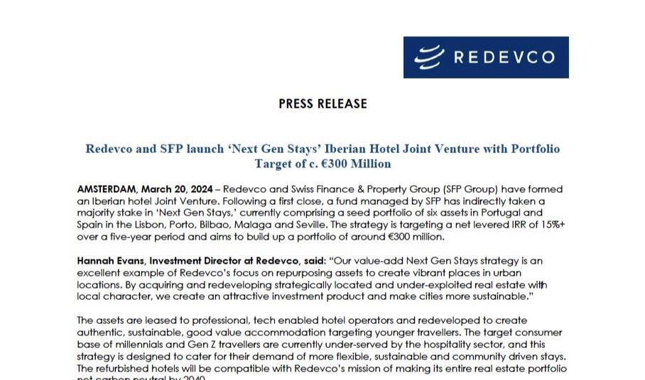 Redevco and SFP launch ‘Next Gen Stays’ Iberian Hotel Joint Venture ...