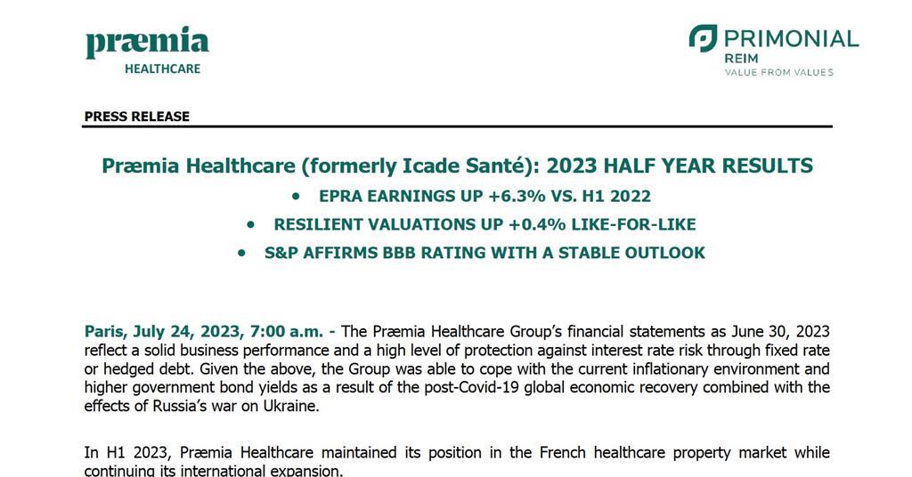 Præmia Healthcare (formerly Icade Santé): 2023 HALF YEAR RESULTS ...