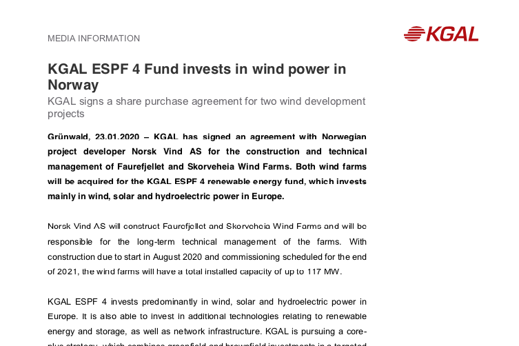 KGAL ESPF 4 Fund invests in wind power in Norway | KGAL Investment ...