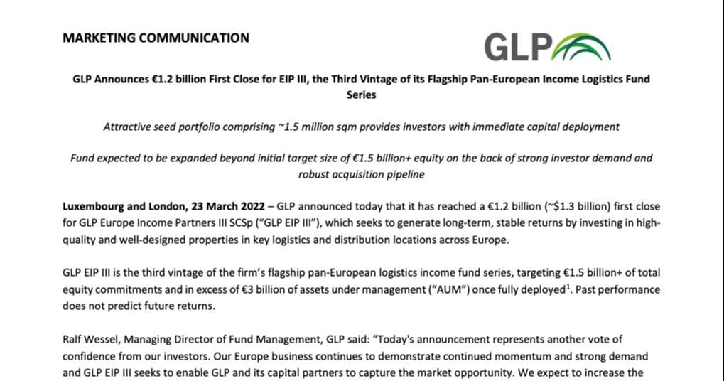 GLP Announces €1.2 billion First Close for EIP III, the Third Vintage ...