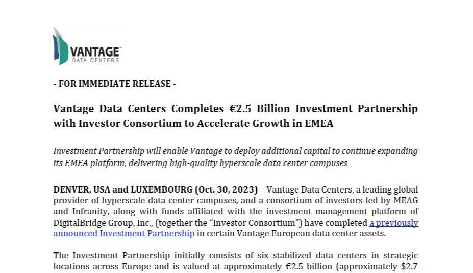 Vantage Data Centers Completes €2.5 Billion Investment Partnership with ... Vantage Data Centers Completes €2.5 Billion Investment Partnership with ...