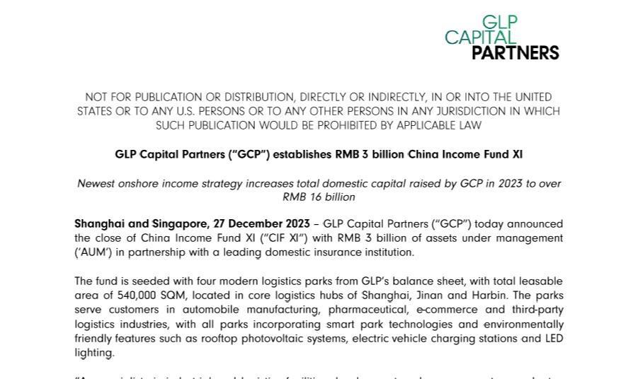 GLP Capital Partners “GCP”) establishes RMB 3 billion China Income Fund ...