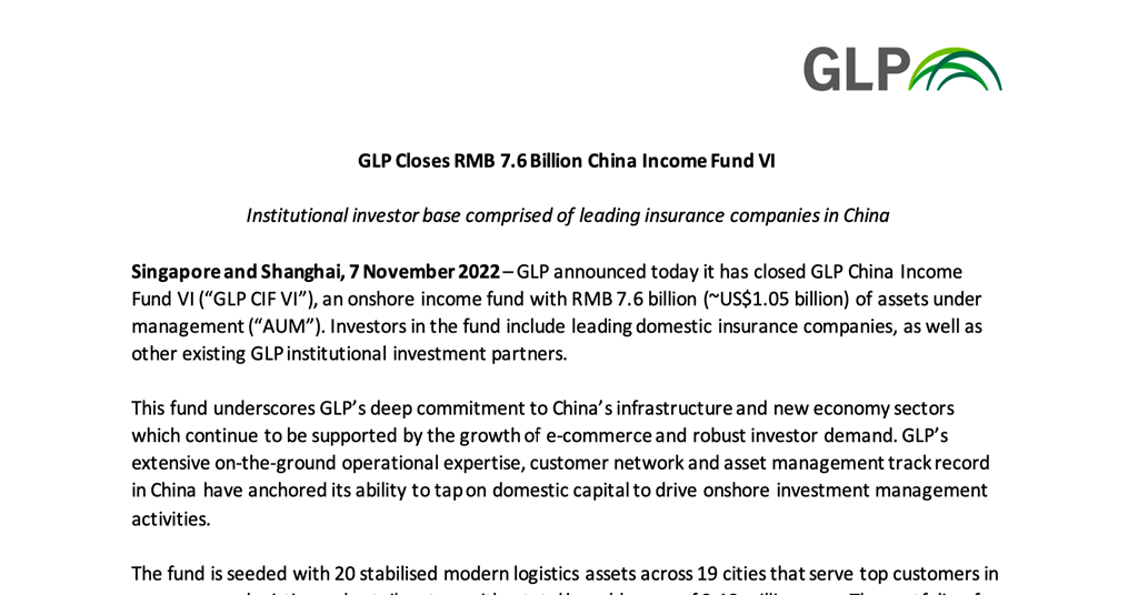 GLP Closes RMB 7.6 Billion China Income Fund VI | GLP Capital Partners ...