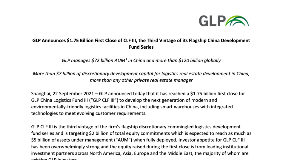 GLP Announces $1.75 Billion First Close of CLF III, the Third Vintage ...