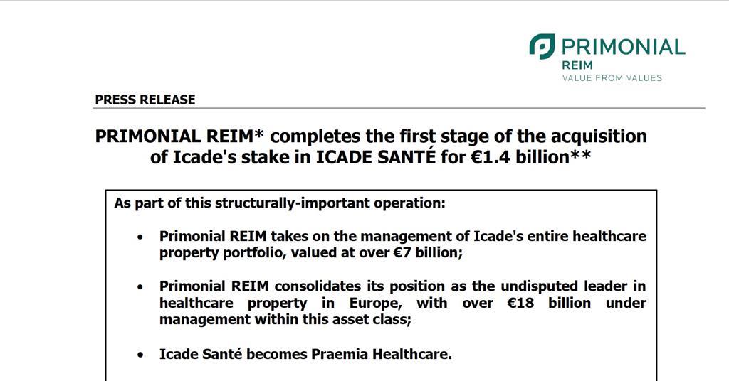 PRIMONIAL REIM completes the first stage of the acquisition of Icade’s ...