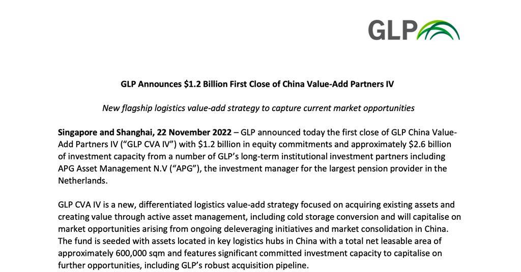 GLP Announces $1.2 Billion First Close of China Value-Add Partners IV ...
