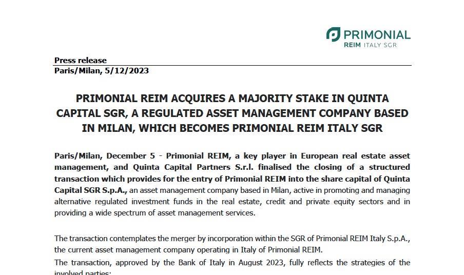 Primonial Reim Acquires A Majority Stake In Quinta Capital SGR, A ...