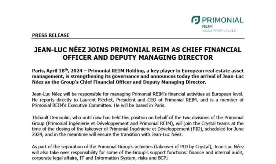 Jean-Luc Néez Joins Primonial REIM as Chief Financial Officer and ...