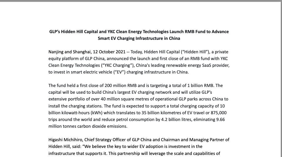GLP’s Hidden Hill Capital and YKC Clean Energy Technologies Launch RMB ...