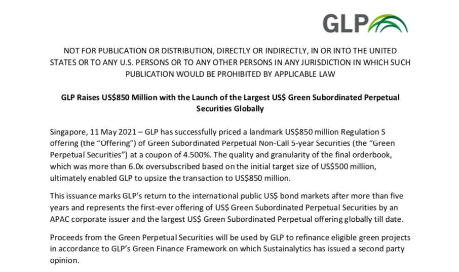 GLP Raises US$850 Million with the Launch of the Largest US$ Green ...