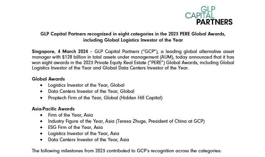 GLP Capital Partners recognized in eight categories in the 2023 PERE ...