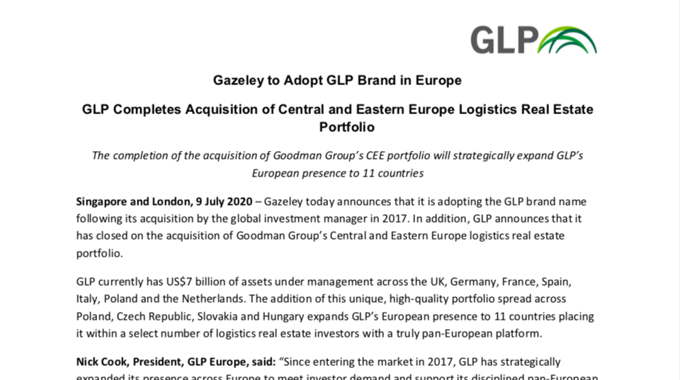 GLP Completes Acquisition of Central and Eastern Europe Logistics Real ...