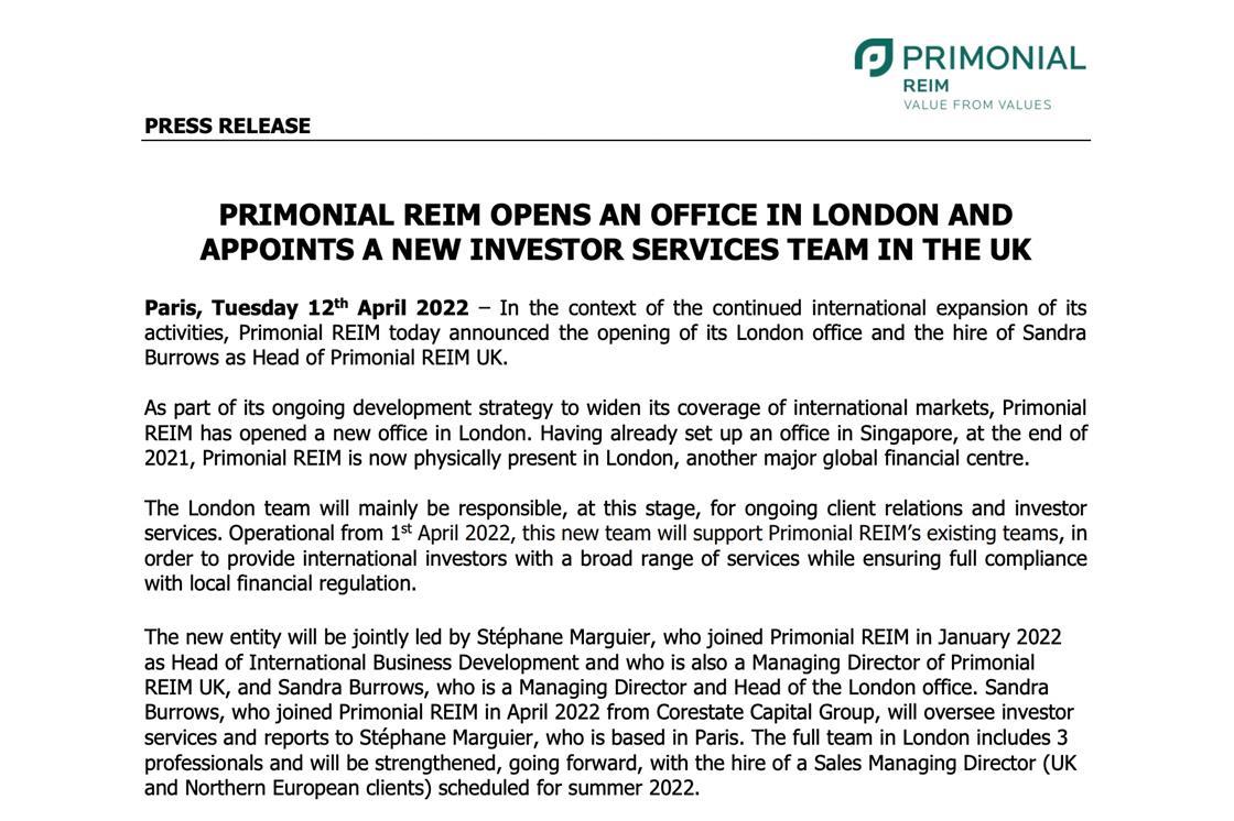 Primonial REIM Opens an Office in London and Appoints a New Investor ...